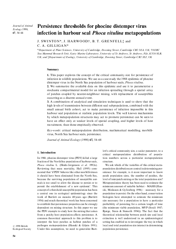 (PDF) Persistence thresholds for phocine distemper virus infection in ...