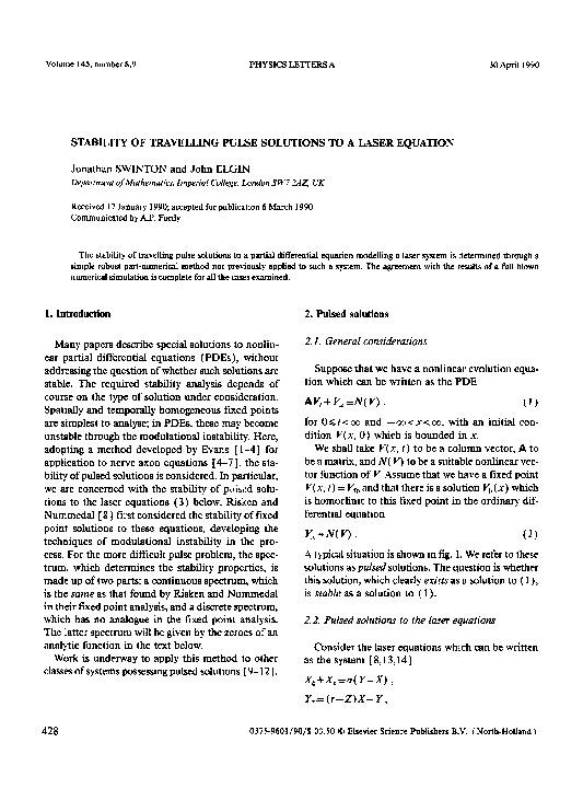 (PDF) Stability of travelling pulse solutions to a laser equation