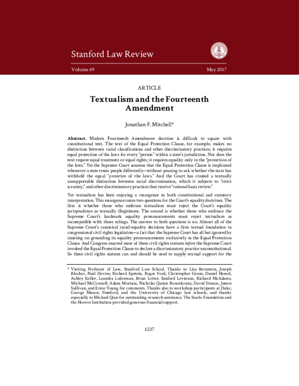 (PDF) Jonathan F. Mitchell, Textualism and the Fourteenth Amendment, 69 ...