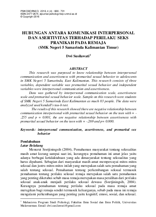 (PDF) HUBUNGAN ANTARA KOMUNIKASI INTERPERSONAL DAN ASERTIVITAS TERHADAP PERILAKU SEKS PRANIKAH ...