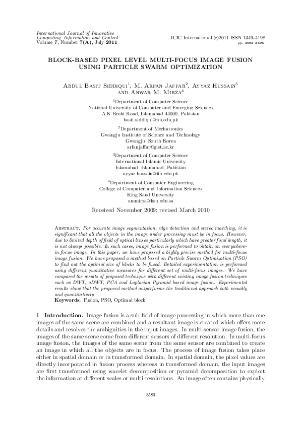 (PDF) Block-based pixel level multi-focus image fusion using particle swarm optimization