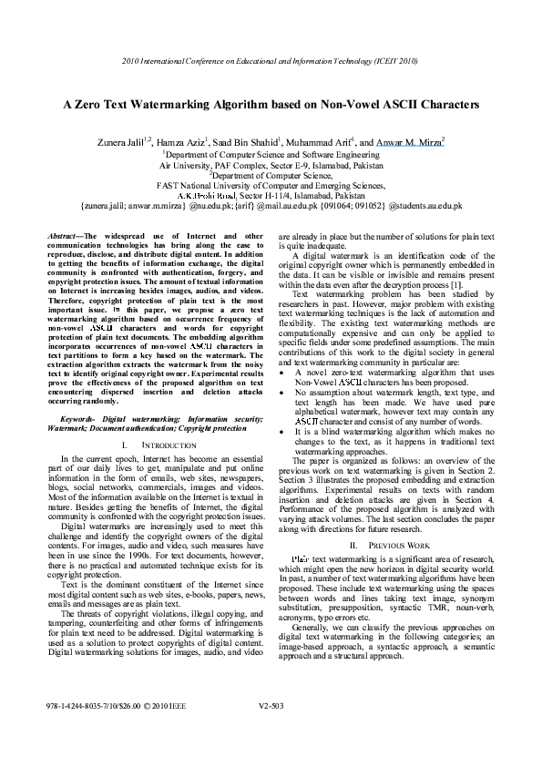 Pdf A Zero Text Watermarking Algorithm Based On Non Vowel Ascii