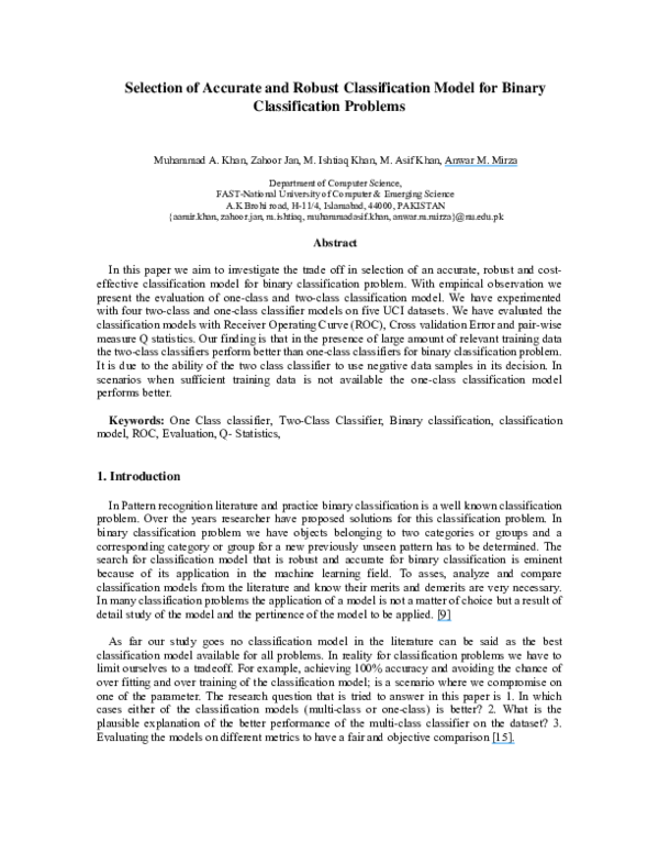 Pdf Selection Of Accurate And Robust Classification Model For Binary