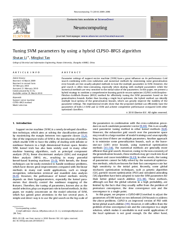 Pdf Tuning Svm Parameters By Using A Hybrid Clpso Bfgs Algorithm