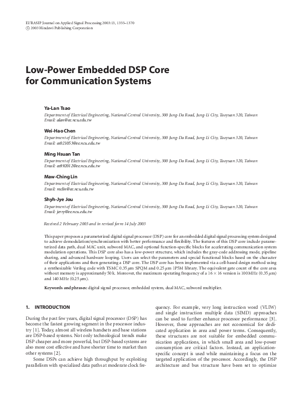 Pdf Low Power Embedded Dsp Core For Communication Systems