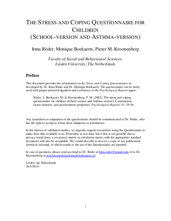 (PDF) The stress and coping questionnaire for children (School version ...