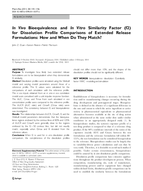 Pdf In Vivo Bioequivalence And In Vitro Similarity Factor F2 For Dissolution Profile