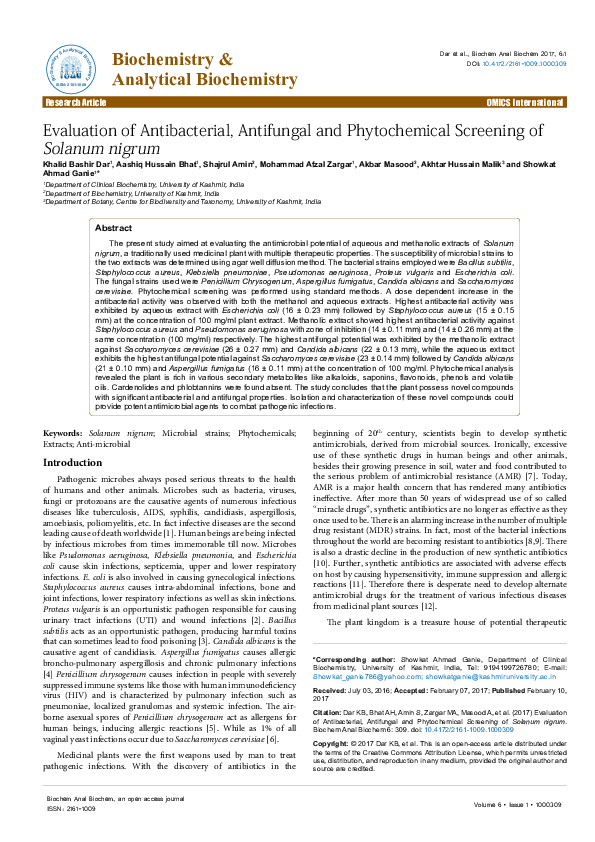 (PDF) Biochemistry & Analytical Biochemistry Evaluation of Antibacterial, Antifungal and ...