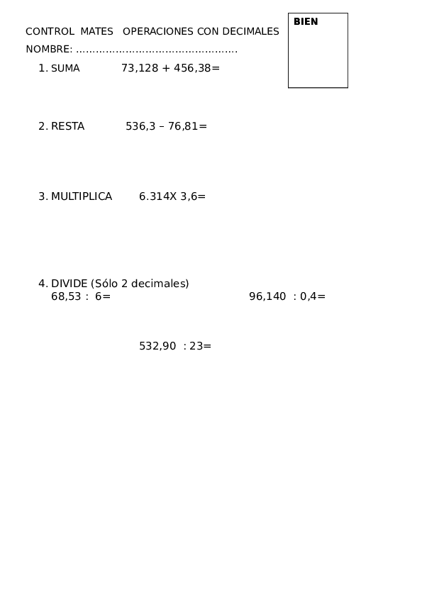 (DOC) CONTROL MATES OPERACIONES CON DECIMALES NOMBRE