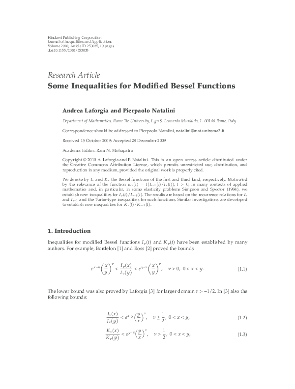 Pdf Some Inequalities For Modified Bessel Functions Andrea Laforgia