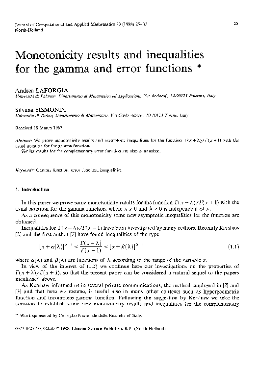 (PDF) Monotonicity results and inequalities for the gamma and error functions