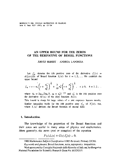 (PDF) An upper bound for the zeros of the derivative of Bessel functions