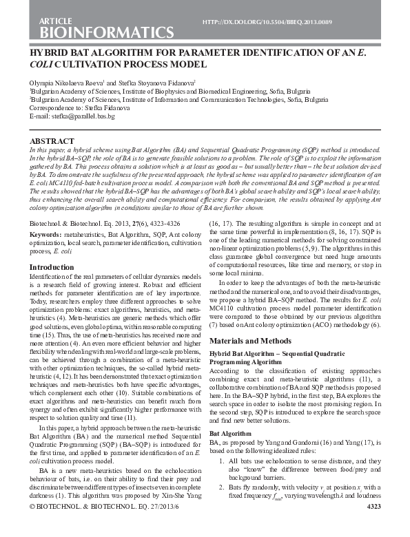 Pdf Hybrid Bat Algorithm For Parameter Identification Of An E Coli