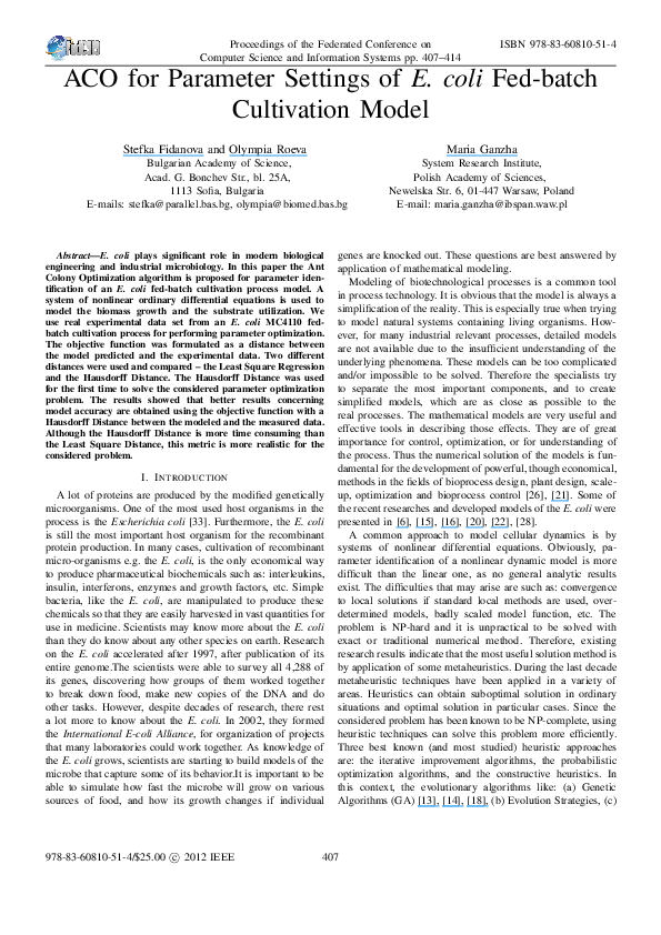 (PDF) ACO for parameter settings of E. coli fed-batch cultivation model
