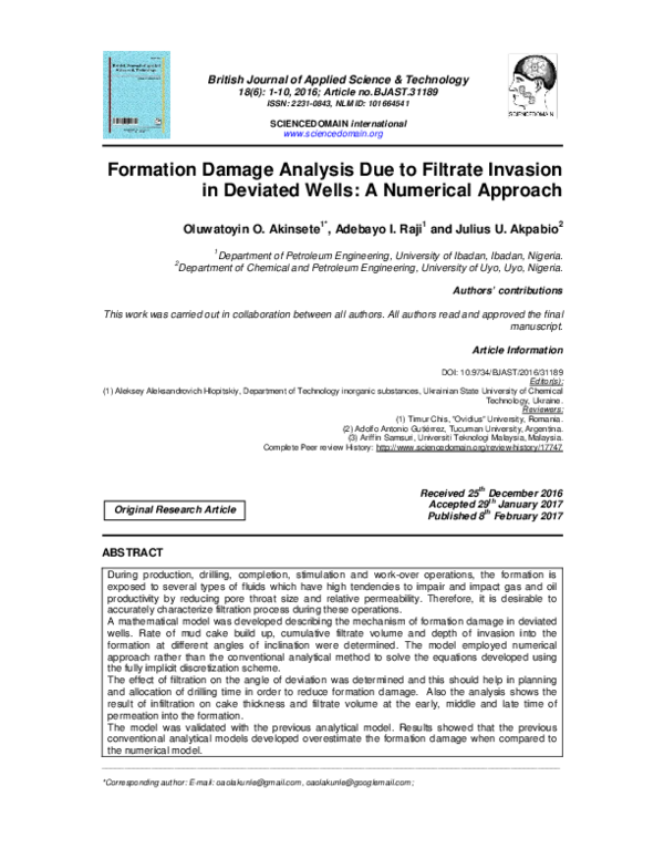 (PDF) Formation Damage Analysis Due to Filtrate Invasion in Deviated ...
