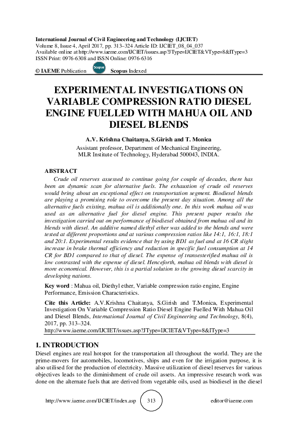 (PDF) EXPERIMENTAL INVESTI VARIABLE COMPRESSION ENGINE FUELLED WITH