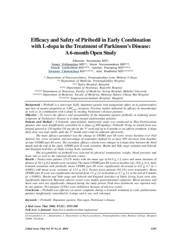 (PDF) Efficacy and safety of piribedil in early combination with L-dopa ...