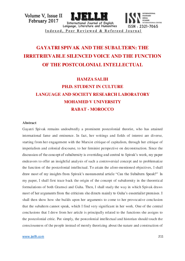 (PDF) GAYATRI SPIVAK AND THE SUBALTERN: THE IRRETRIEVABLE SILENCED ...