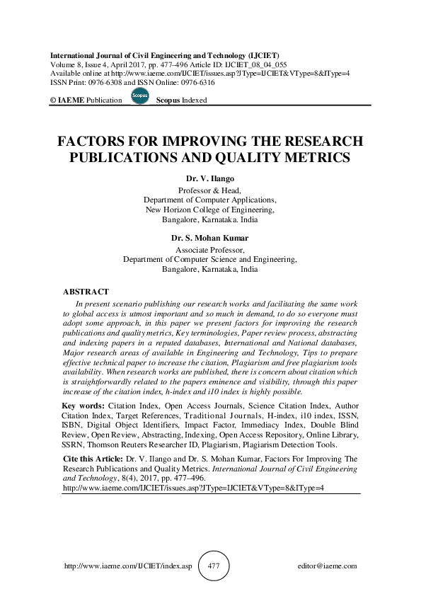 (PDF) FACTORS FOR IMPROVING THE RESEARCH PUBLICATIONS AND QUALITY METRICS