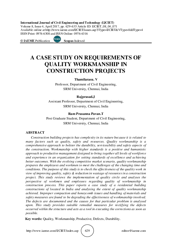 (PDF) A CASE STUDY ON REQUIREMENTS OF QUALITY WORKMANSHIP IN ...