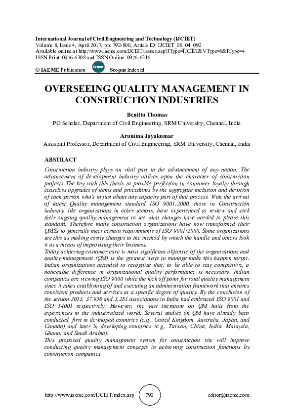 (PDF) OVERSEEING QUALITY MANAGEMENT IN CONSTRUCTION INDUSTRIES