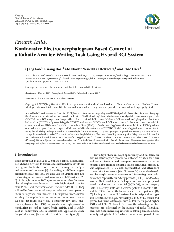 (PDF) Noninvasive Electroencephalogram Based Control of a Robotic Arm for Writing Task Using ...