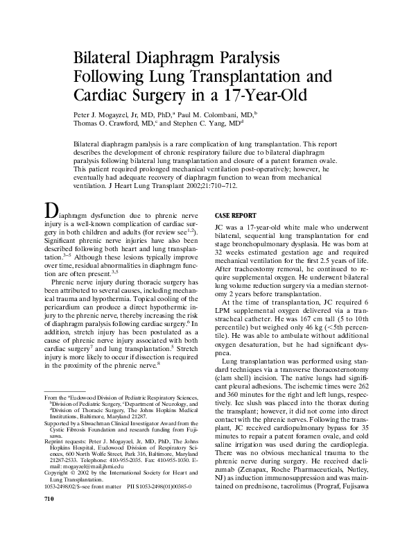(PDF) Bilateral diaphragm paralysis following lung transplantation and ...
