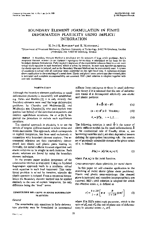 Pdf Boundary Element Formulation In Finite Deformation Plasticity Using Implicit Integration