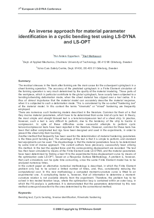 Pdf An Inverse Approach For Material Parameter Identification In A Cyclic Bending Test Using