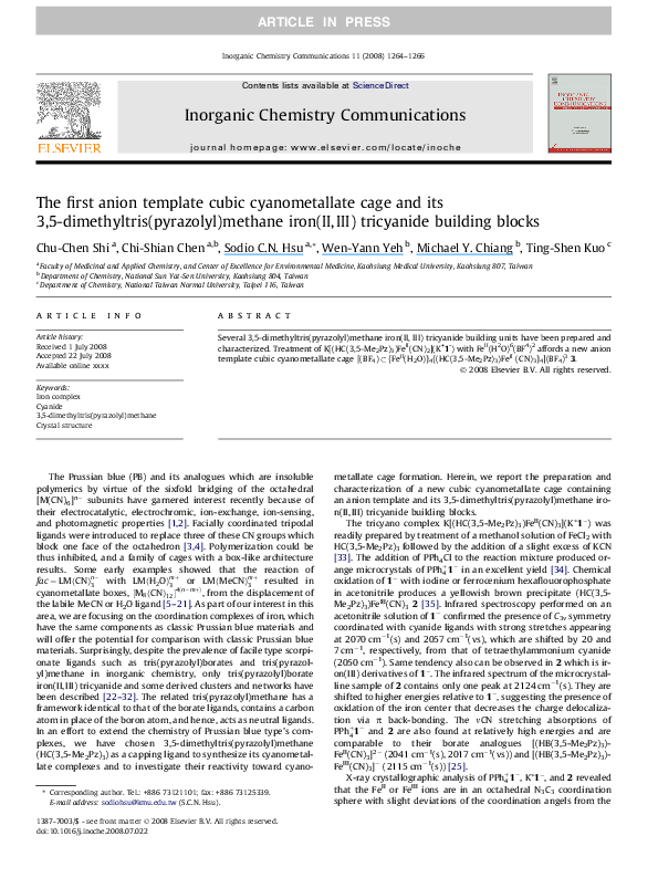 (PDF) The first anion template cubic cyanometallate cage and its 3,5 ...