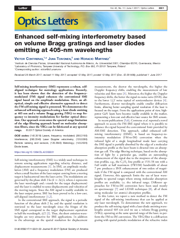 (PDF) Enhanced self-mixing interferometry based on volume Bragg ...