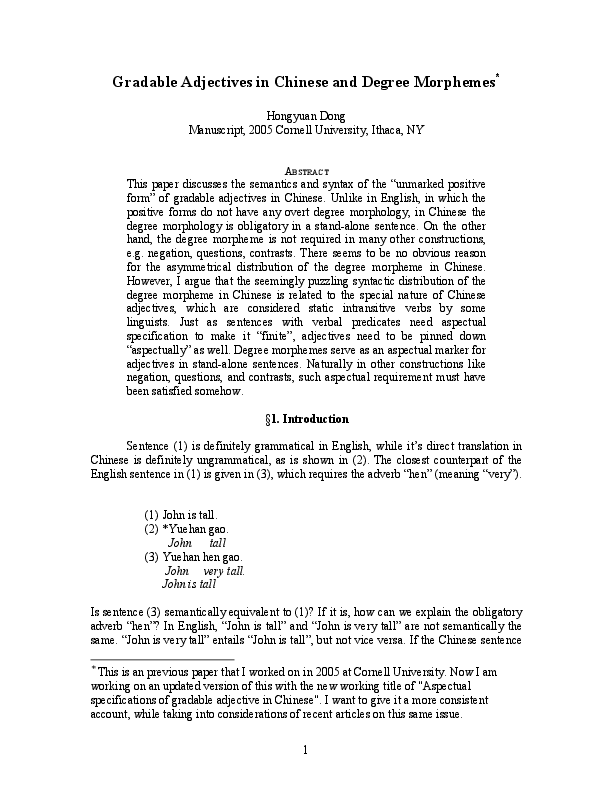(PDF) Gradable Adjectives in Chinese and Degree Morphemes
