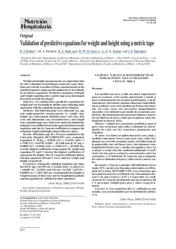 Pdf Validation Of Predictive Equations For Weight And Height Using A