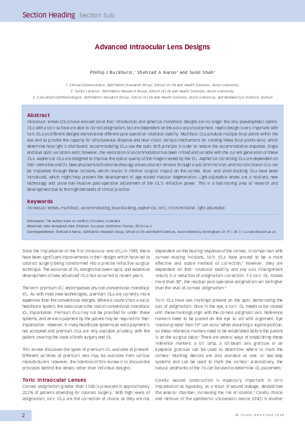 (PDF) Advanced Intraocular Lens Designs