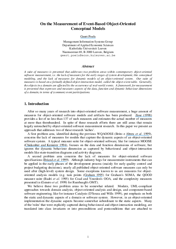 Pdf On The Measurement Of Event Based Object Oriented Conceptual Models Geert Poels