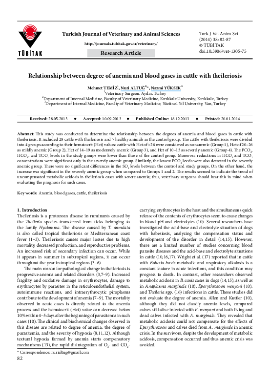 (PDF) Relationship between degree of anemia and blood gases in cattle ...
