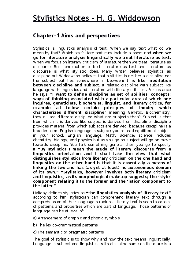 (DOC) Stylistics Notes -H. G. Widdowson Chapter-1 Aims and perspectives