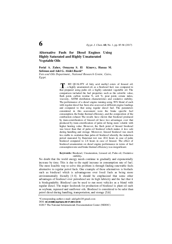(PDF) Alternative Fuels for Diesel Engines Using Highly Saturated and ...
