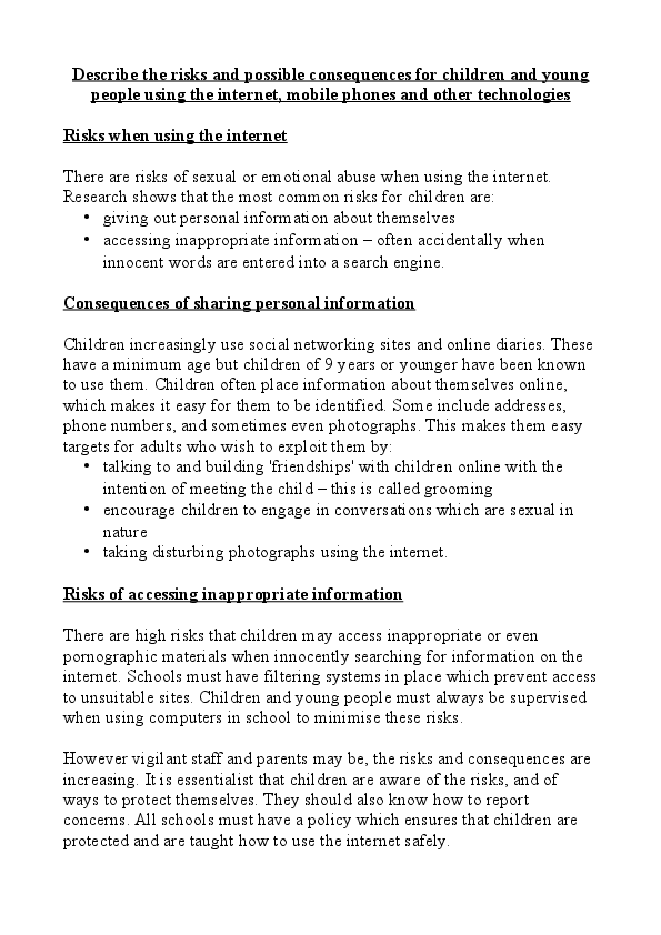 Describe the risks and possible consequences for children and young ...