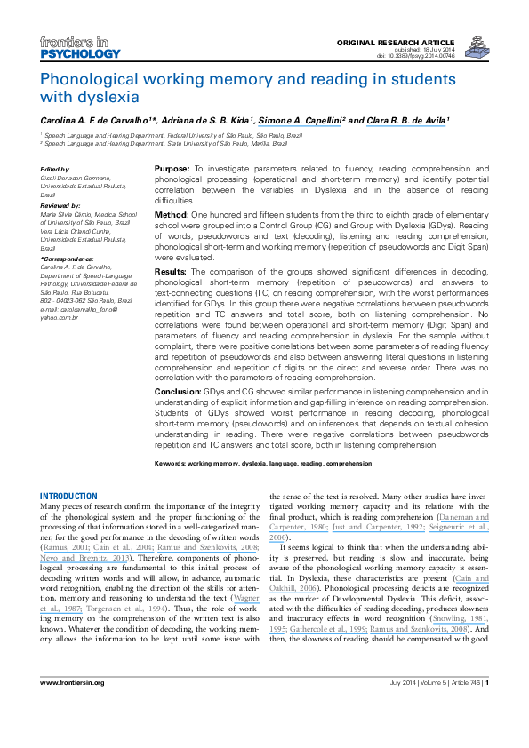 (PDF) Phonological working memory and reading in students with dyslexia