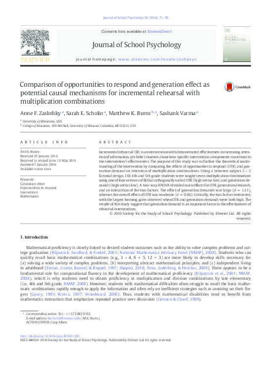 (PDF) Comparison of opportunities to respond and generation effect as ...