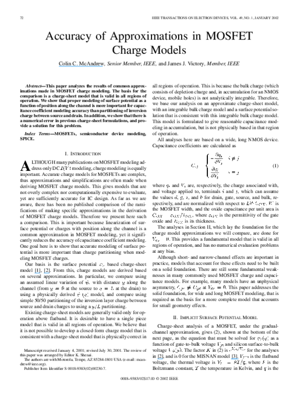 (PDF) Accuracy of approximations in MOSFET charge models