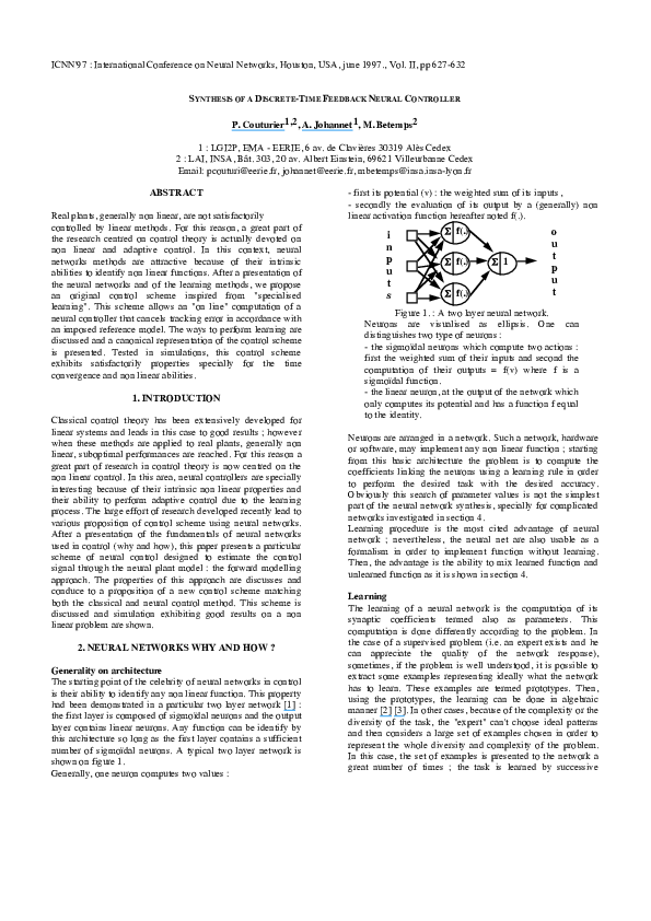 Pdf Synthesis Of A Discrete Time Feedback Neural Controller Pierre