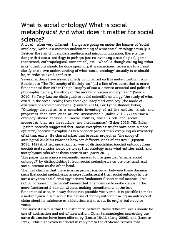 (DOC) What is social ontology? What is social metaphysics? And what ...
