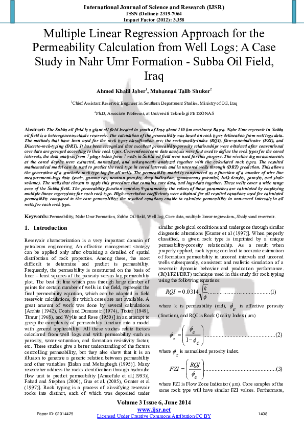 (PDF) Multiple Linear Regression Approach for the Permeability Calculation from Well Logs: A ...
