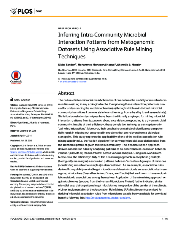 Pdf Inferring Intra Community Microbial Interaction Patterns From Metagenomic Datasets Using