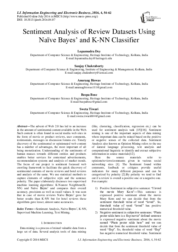Pdf Sentiment Analysis Of Review Datasets Using Naïve Bayes And K Nn