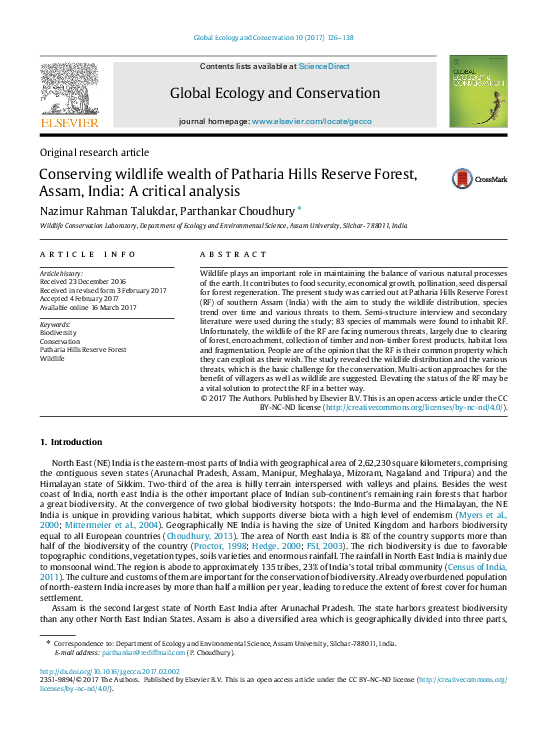 Pdf Conserving Wildlife Wealth Of Patharia Hills Reserve Forest Assam India A Critical