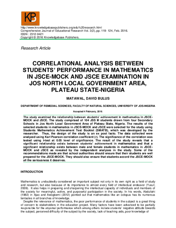 (PDF) CORRELATIONAL ANALYSIS BETWEEN STUDENTS' PERFORMANCE IN ...
