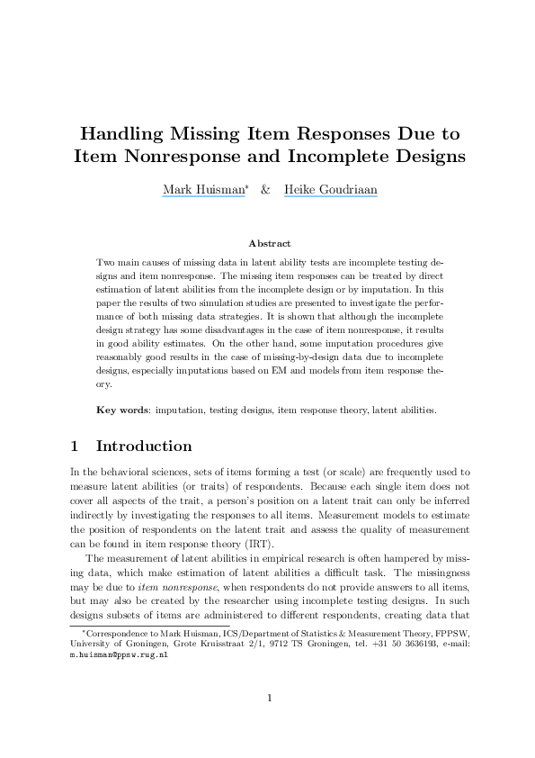 Pdf Handling Missing Item Responses Due To Item Nonresponse And